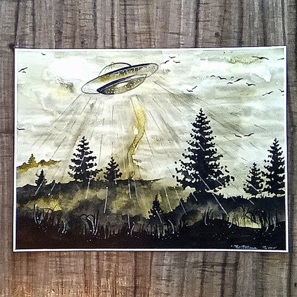 Art | Original Alien Watercolor Painting Ufo Landscape 1216 In Green ...